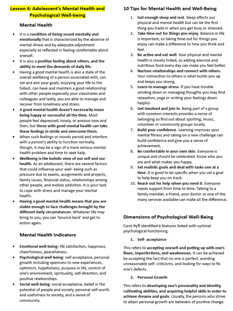 Per Dev Lesson 4 6 Reviewer PDF | PDF | Mental Disorder | Mental Health