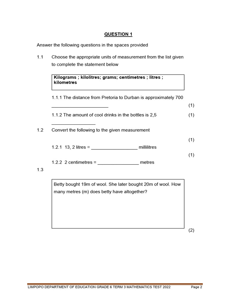 Grade 6 Maths Term 3 Test1 PDF | PDF | Litre | Length