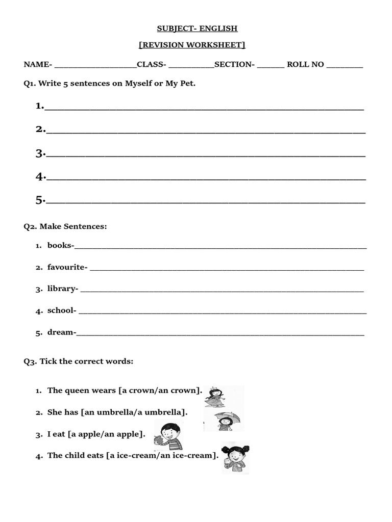 Class 1 English Revision Worksheet | PDF