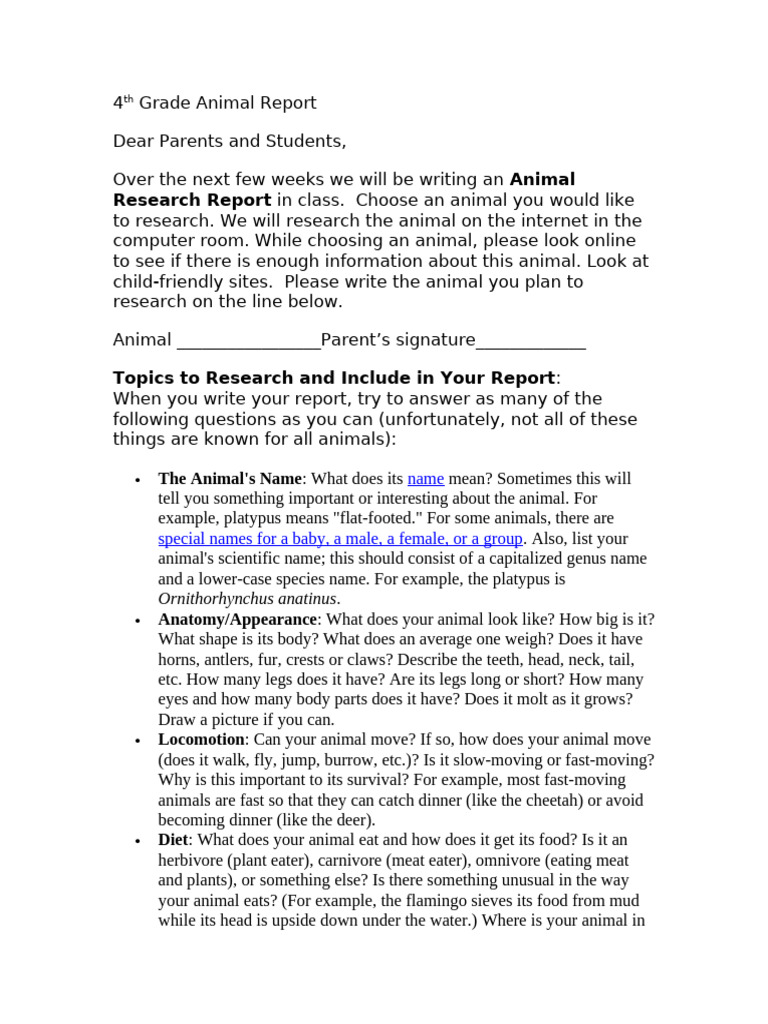 4th Grade Animal Report | PDF | Foods | Biology