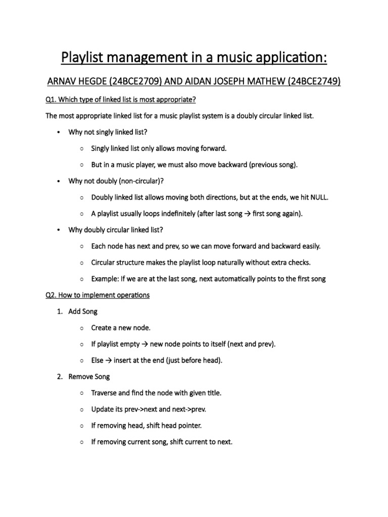 Playlist Management in A Music Application Dsa | PDF