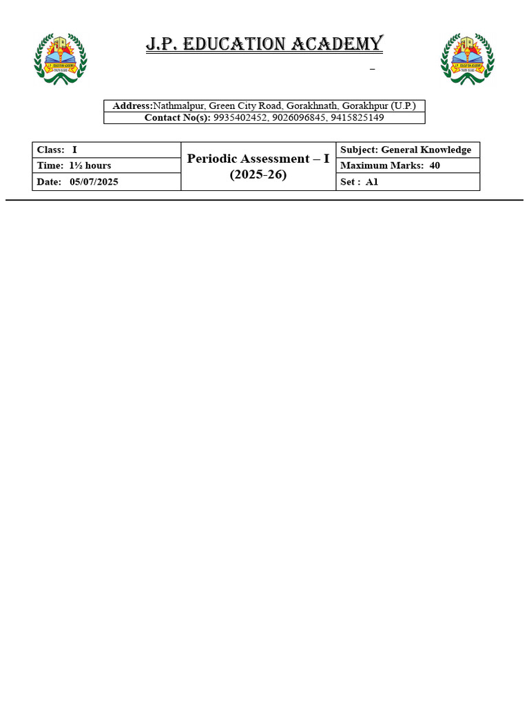 Class I General Knowledge Assessment 2025 | PDF