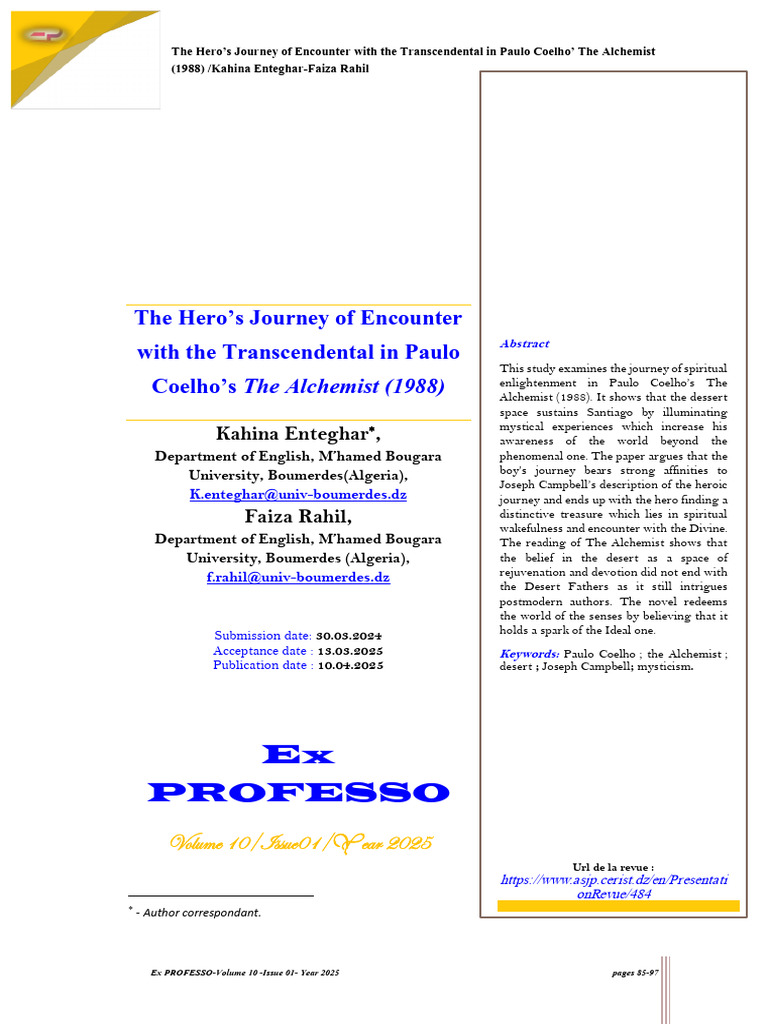 The Hero's Journey of Encounter With The Transcendental in Paulo Coelho ...