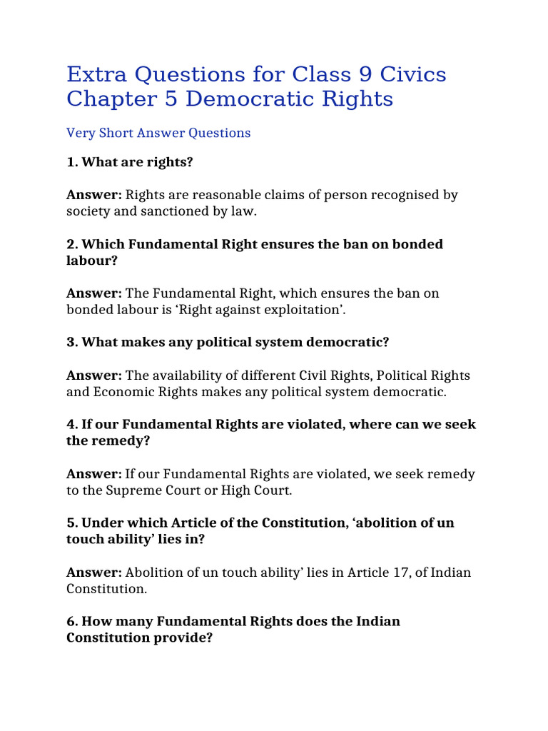 Extra Questions For Class 9 Civics Chapter 5 Democratic Rights | PDF ...