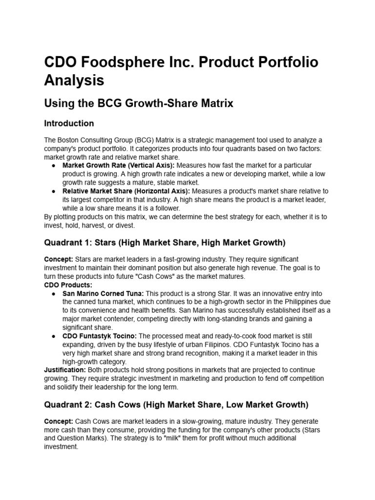 BCG Matrix Analysis of CDO Foodsphere Inc. | PDF | Business | Business ...