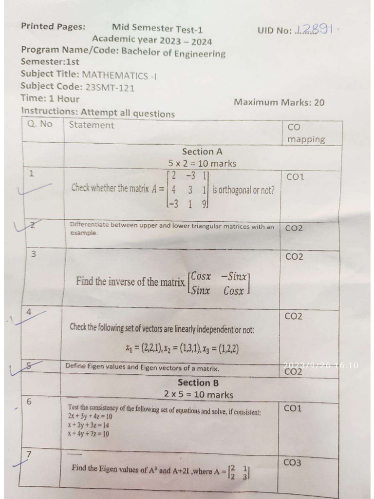Previous Year Question Papers Mathematics - I | PDF