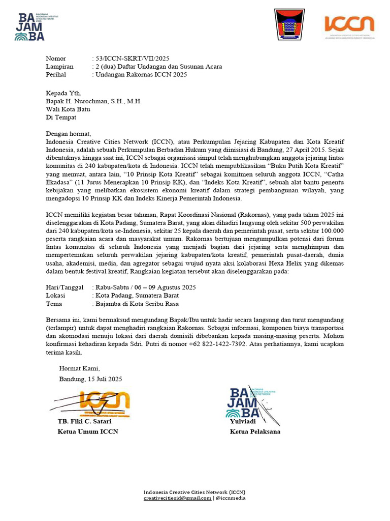 53 ICCN - Surat Undangan Rakornas Padang 2025 - Wali Kota Batu | PDF