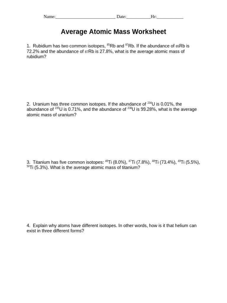 Average Atomic Mass Calculations | PDF