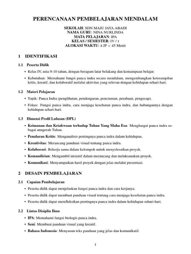 Rpp Pm Nina Panca Indra Kelas 4 | PDF