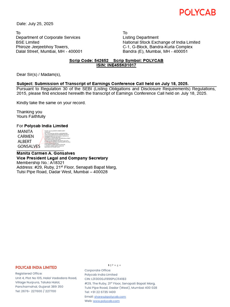 Polycab Transcript Jul 2025 | PDF | Inflation | Macroeconomics