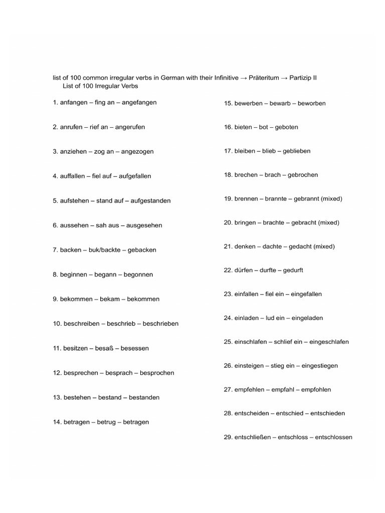 (German) 100 Irregular Strong Verbs and Their Forms | PDF