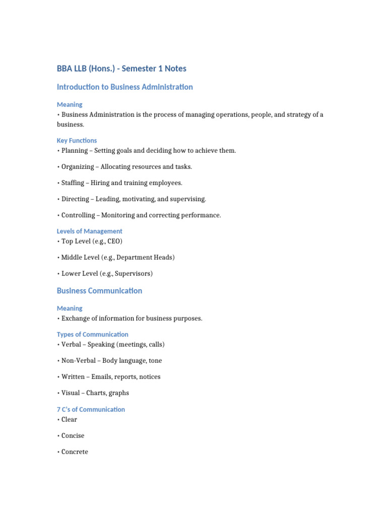 BBA LLB Semester 1 Study Notes | PDF