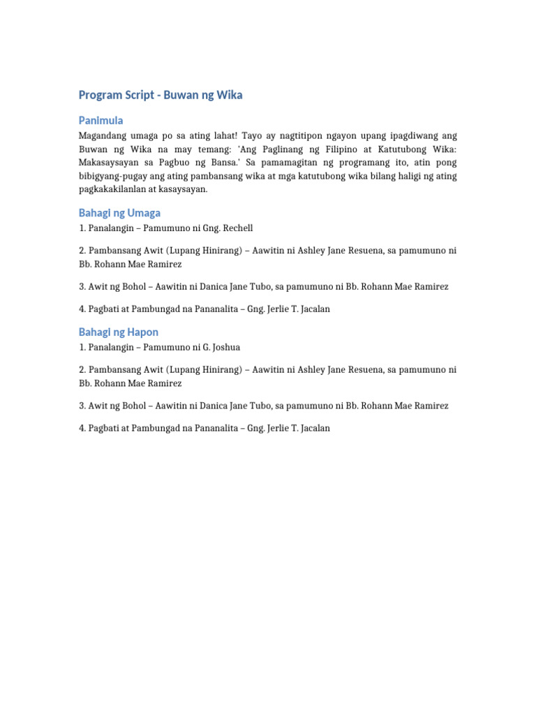 Buwan NG Wika Program Script | PDF