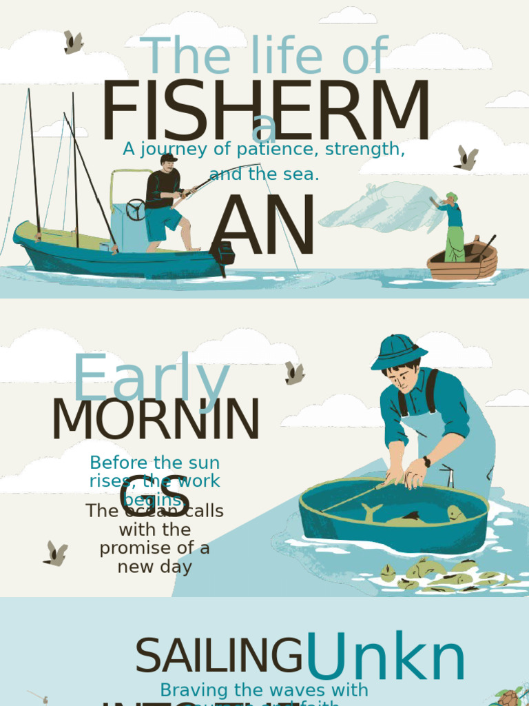 Blue and White Simple Modern Illustrative Fun Sea Life of A Fisherman ...