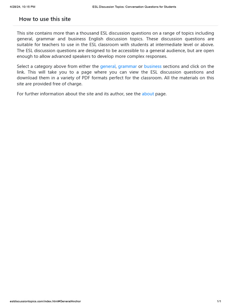 ESL Discussion Questions for Teachers | PDF