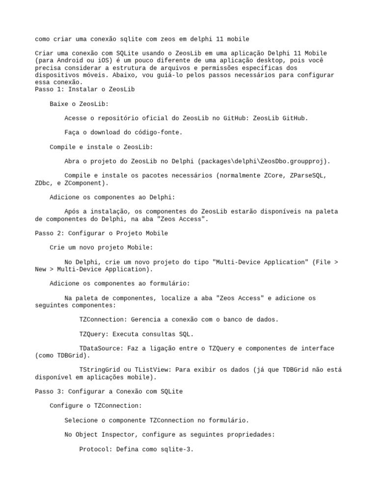 Conexão Sqlite Com Zeos Em Delphi 11 | PDF | Microsoft Access | SQL