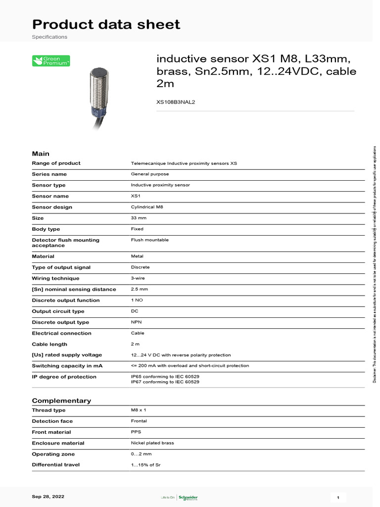XS1 M8 Inductive Sensor Data Sheet | PDF | Direct Current | Sensor