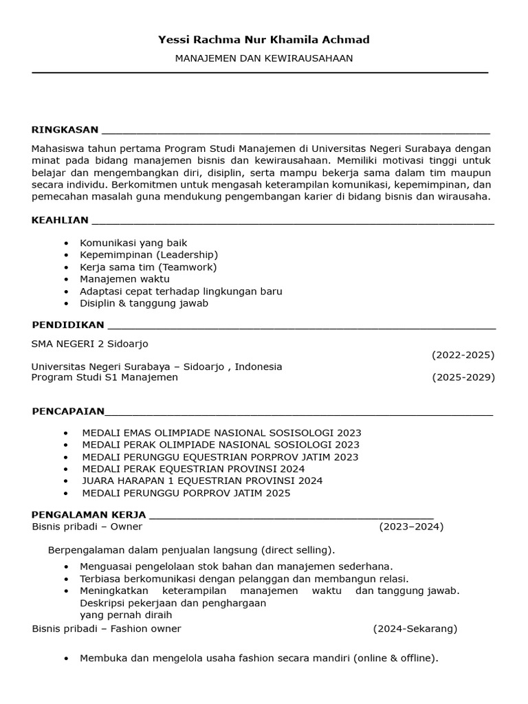 Profil Yessi Rachma: Mahasiswa Manajemen | PDF