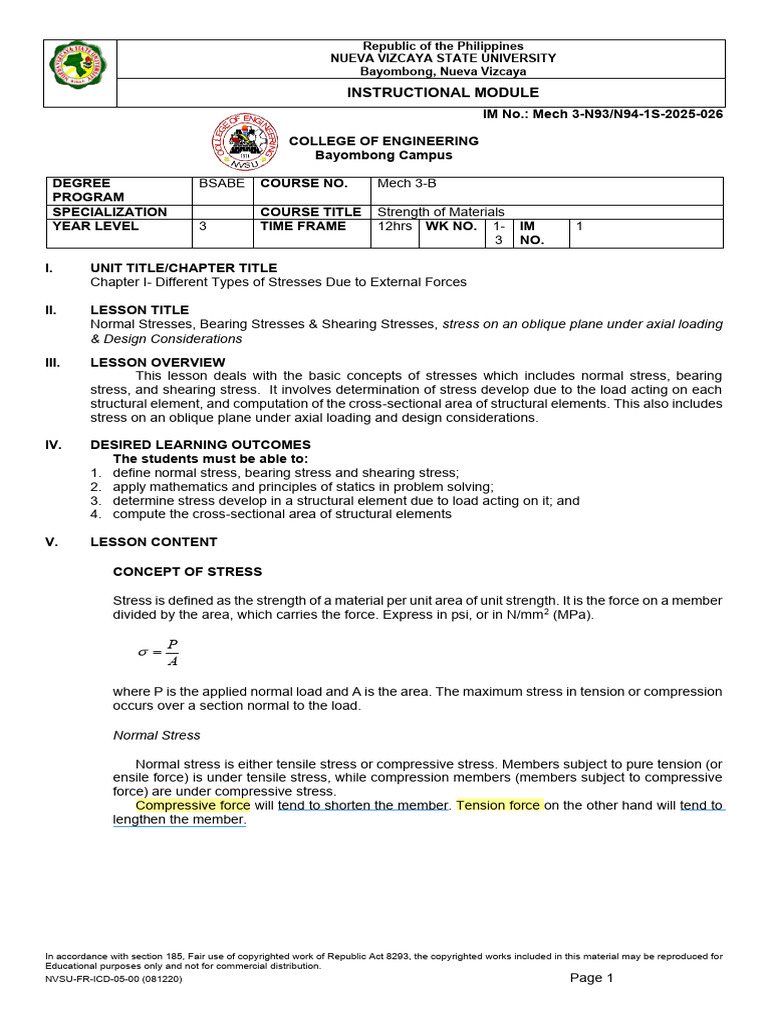 IM Mech 3 Module 1final | PDF | Stress (Mechanics) | Strength Of Materials
