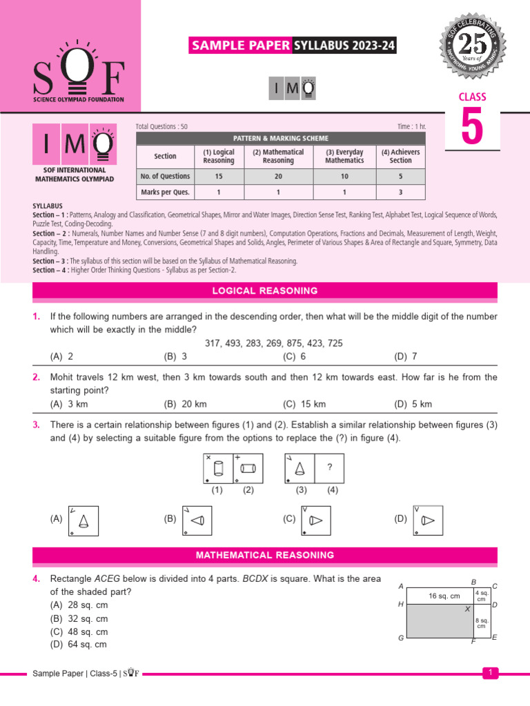 IMO Sample Paper Class 5 | PDF | Mathematics | Geometry