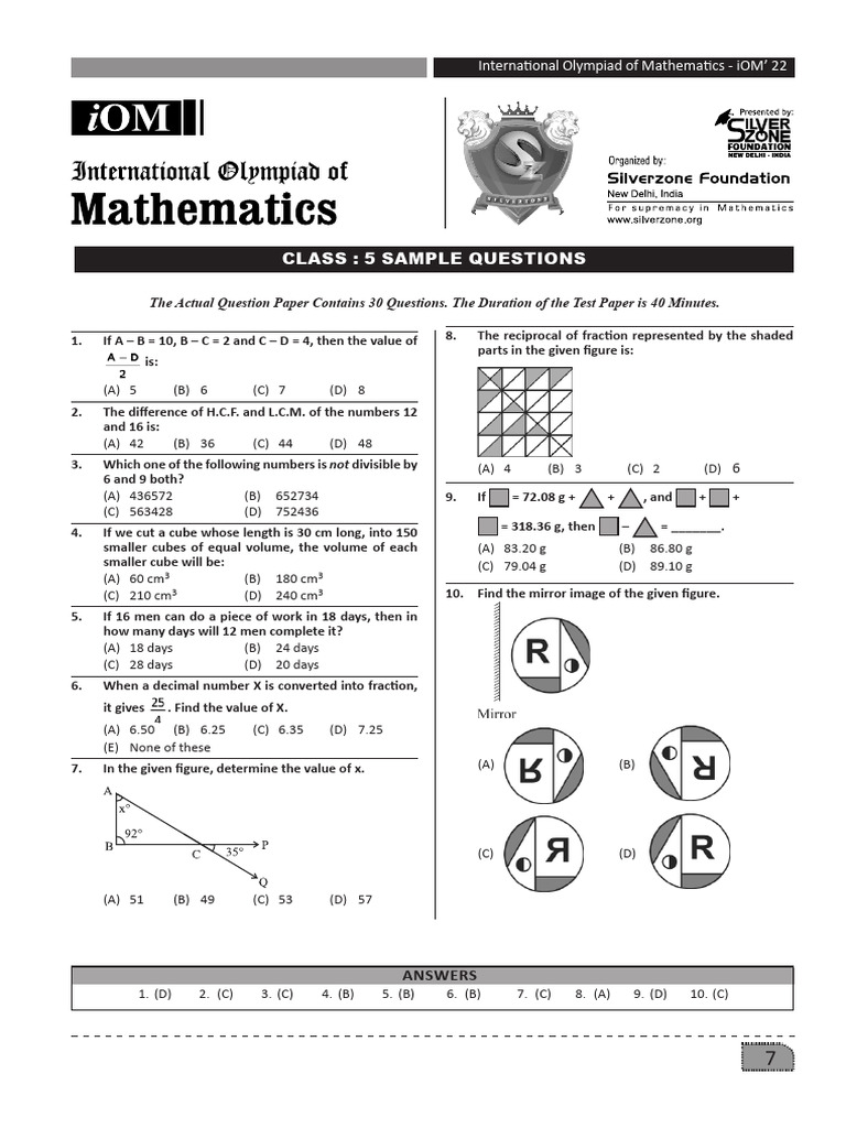 Class 5 Maths Olympiad Sample Paper | PDF | Chess Openings | Chess Theory