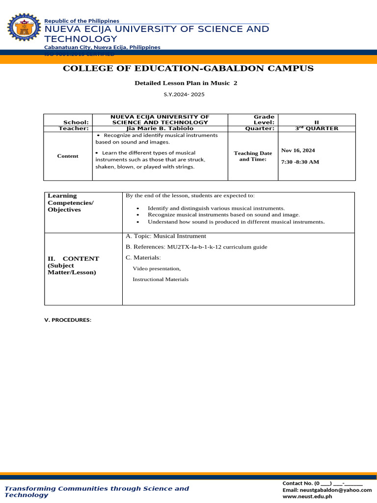 Detailed Lesson Plan: Musical Instruments | PDF | Musical Instruments ...