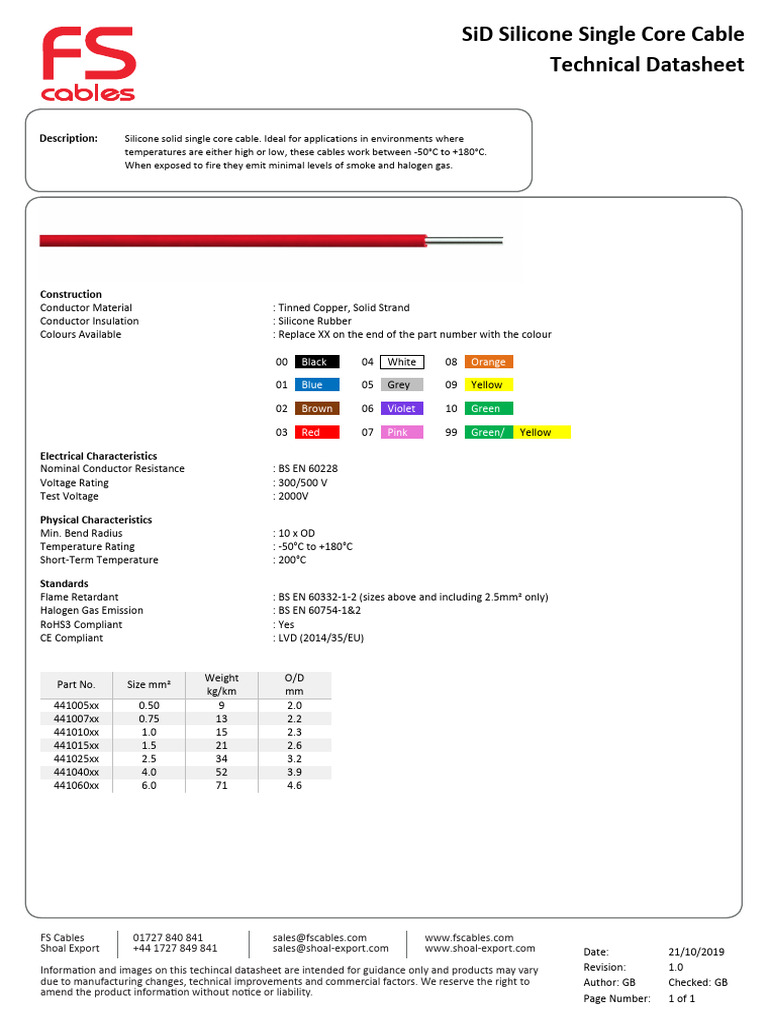 Silicone Single Core Cable Datasheet | PDF | Electrical Conductor ...