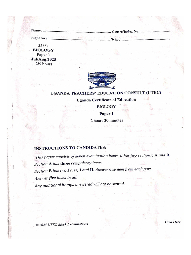 Uce Mocks 2025 Biology Paper One | PDF