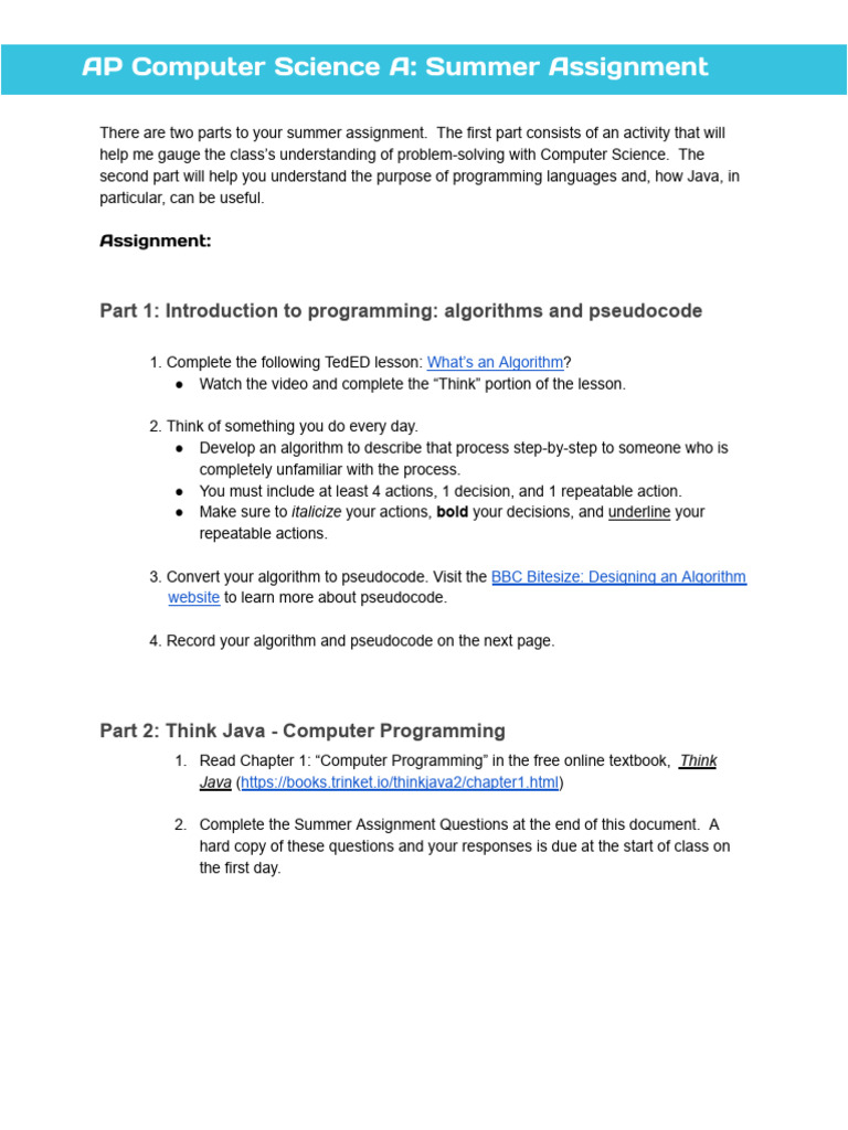 AP CSA Summer Assignment | PDF | Compiler | Computer Programming