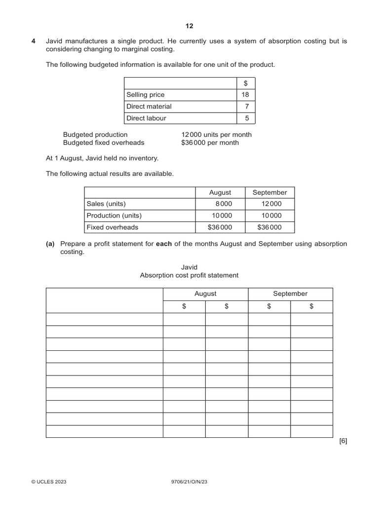 Costing 9706 w23 QP 21 | PDF | Cost | Inventory