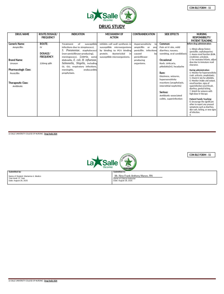 Ampicillin Drug Study Aug 28, 2024 | PDF | Penicillin | Medical Specialties