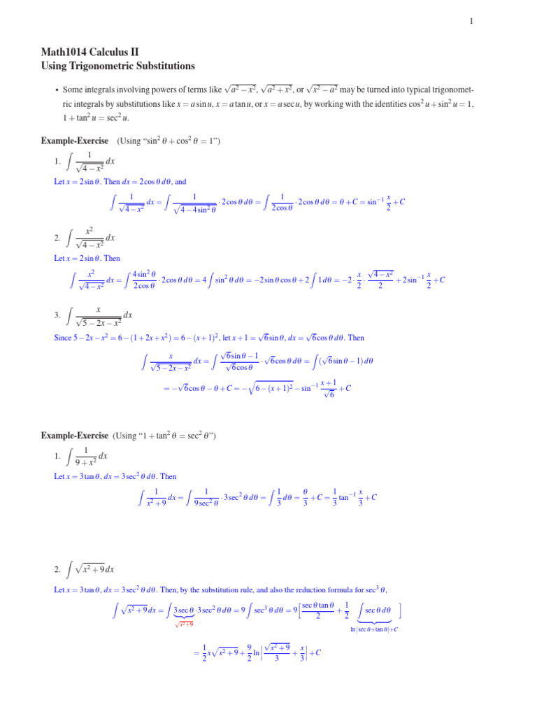 Trigonometric Substitutions in Calculus | PDF | Elementary Mathematics ...