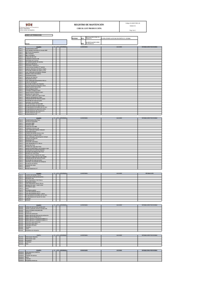 01 MANT REG 45 Check List Producción | PDF