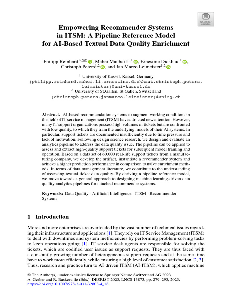 Reinhard Et Al., 2023, Empowering Recommender Systems in ITSM A Pipeline Reference Model For AI ...