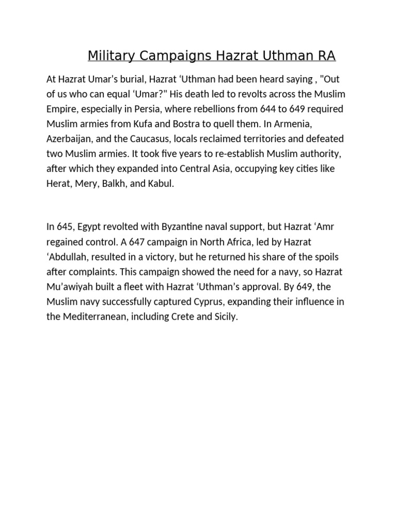 Military Campaigns Hazrat Uthman RA | PDF