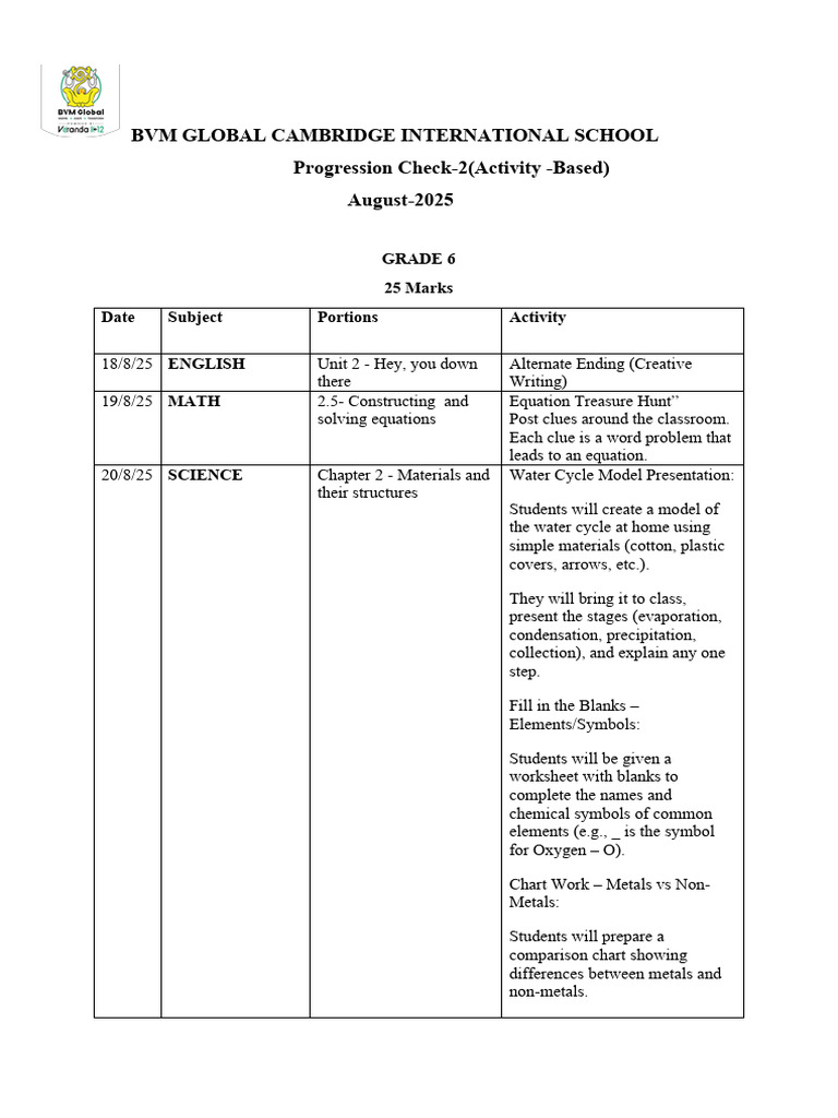 Grade 6 Activity-Based Progression Check | PDF