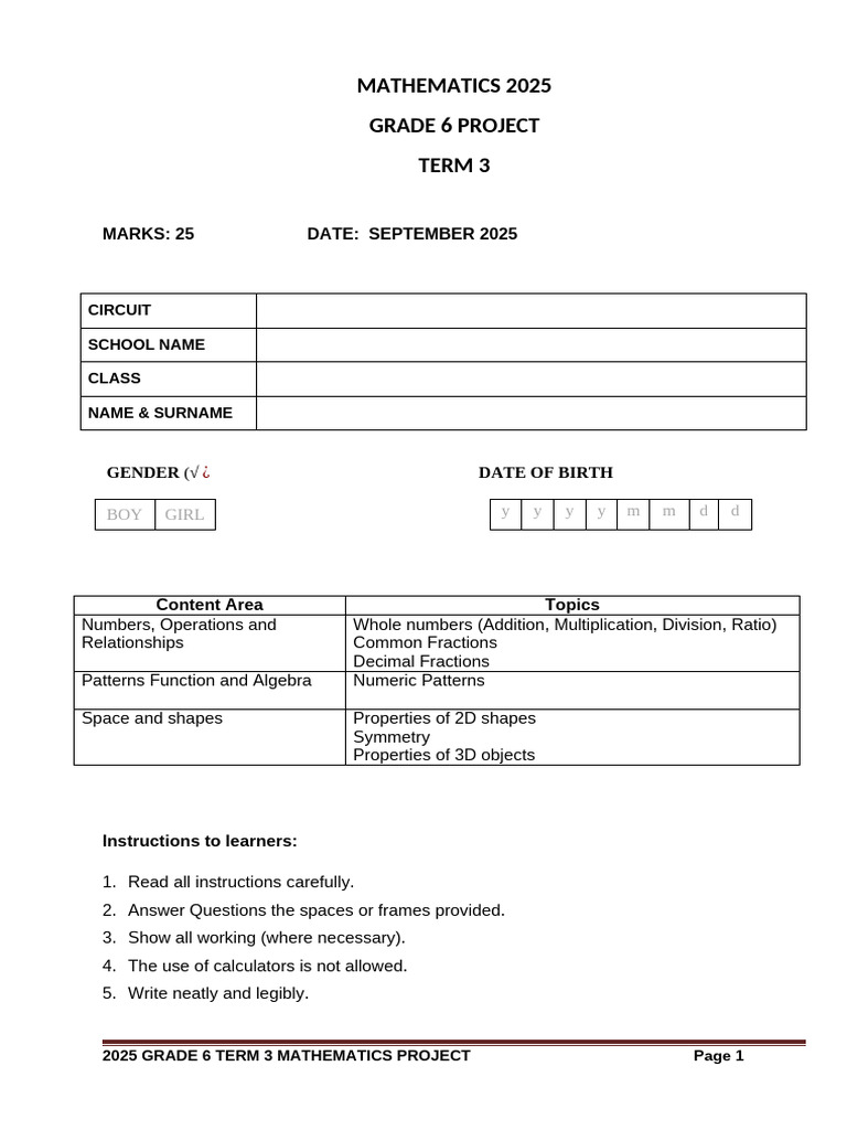 GRADE 6 MATHEMATICS PROJECT TERM 3 2024_051405 | PDF | Arithmetic ...