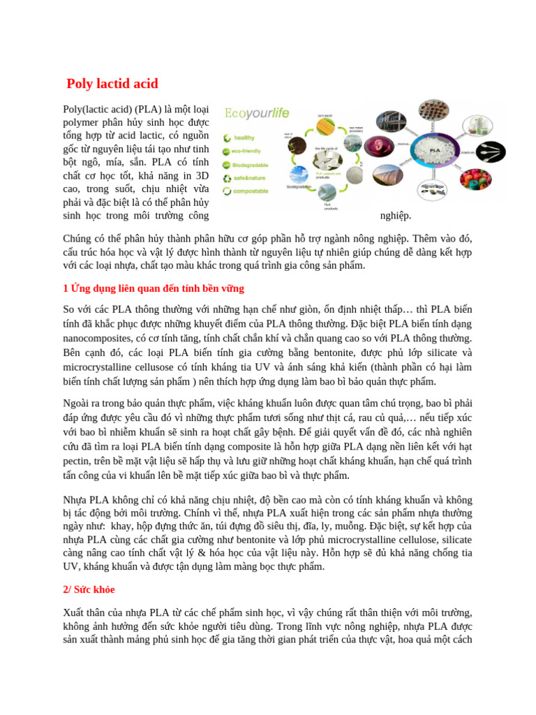 Poly lactid acid: 1 Ứng dụng liên quan đến tính bền vững | PDF