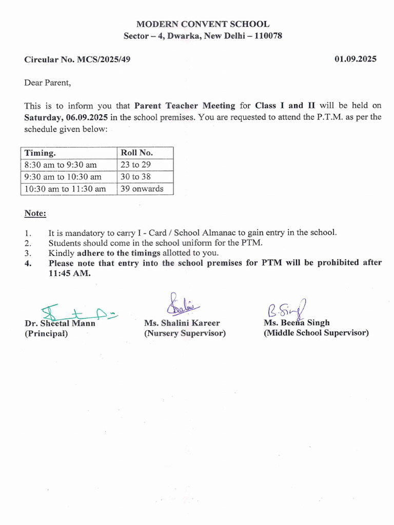 PTM Circular Class I and II (Roll No. 23 Onwards) 6 Sept 2025 | PDF