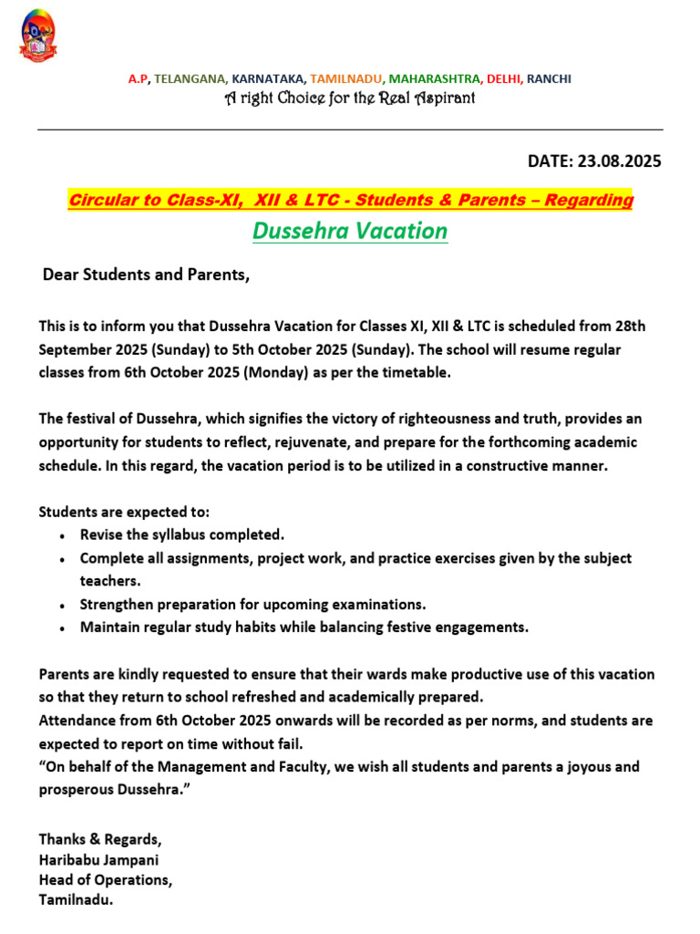 2025-26 Dussehra Vacation Circular. | PDF