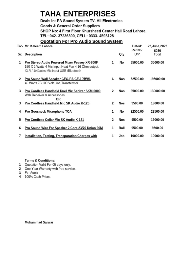 Pro Audio Sound System Quotation | PDF