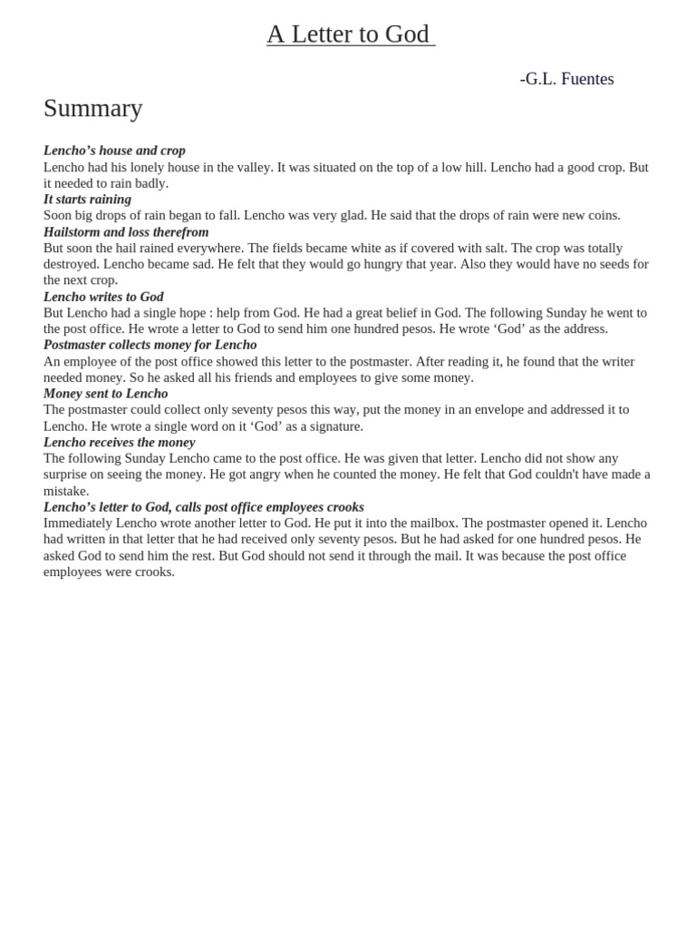 Lencho's Letter to God: A Summary | PDF