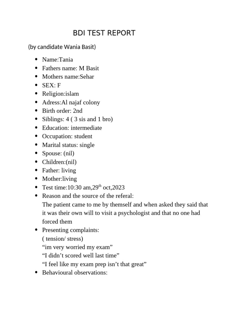 Bdi Test Report (Wania Basit) | PDF