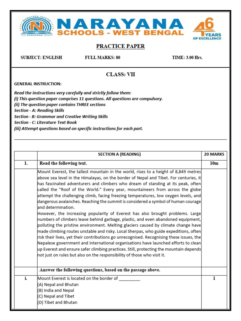 Class VII English Practice Paper | PDF | Mount Everest