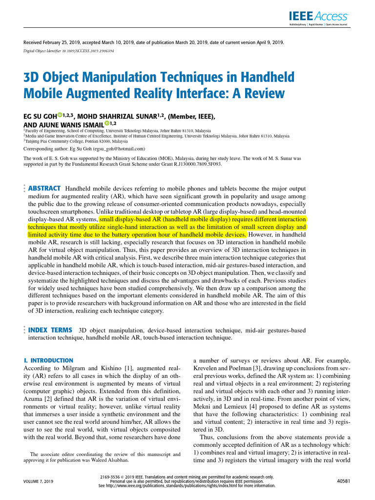 3D Object Manipulation Techniques... Review | PDF | Augmented Reality ...