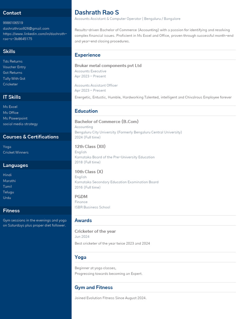 Dashrath Rao S CV | PDF | Languages Of India