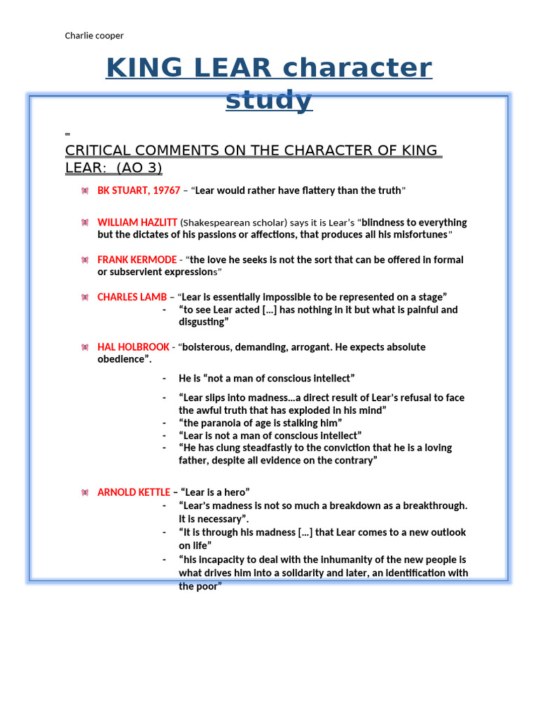 King Lear Character Study | PDF | King Lear