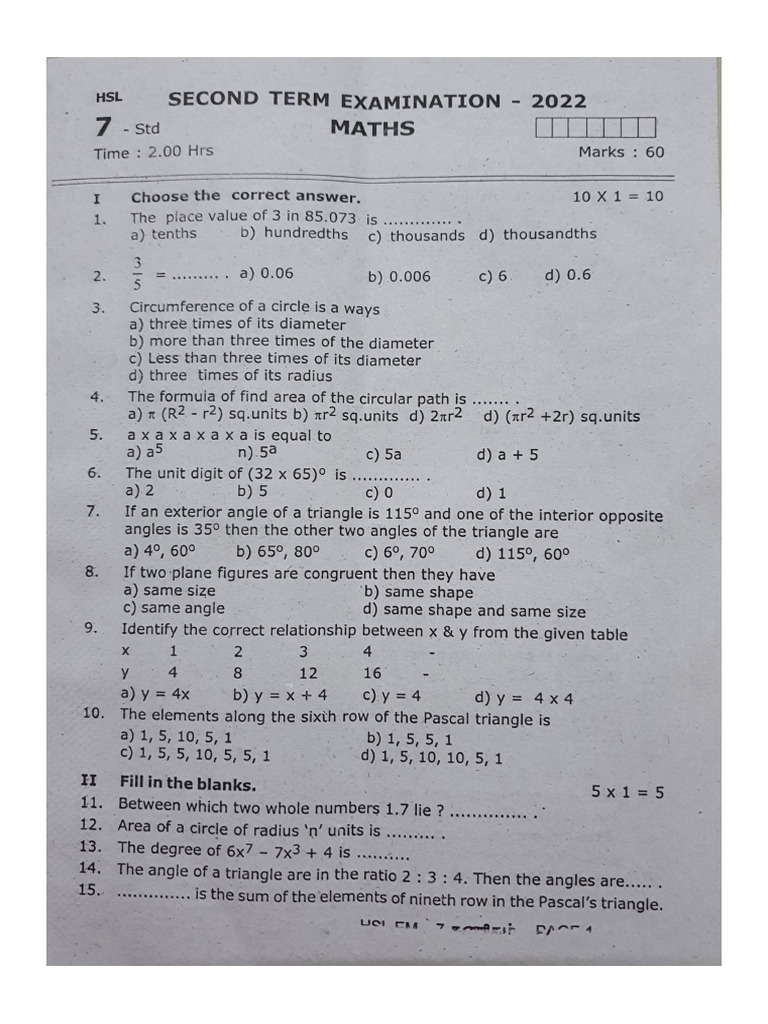 7th Maths EM Half Yearly Exam 2022 Original Question Paper Salem ...