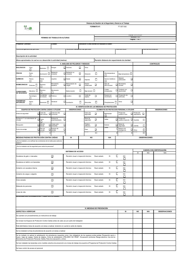FT-SST-092 Permiso Trabajo en Alturas - CORFHSE013 | PDF | Radiación
