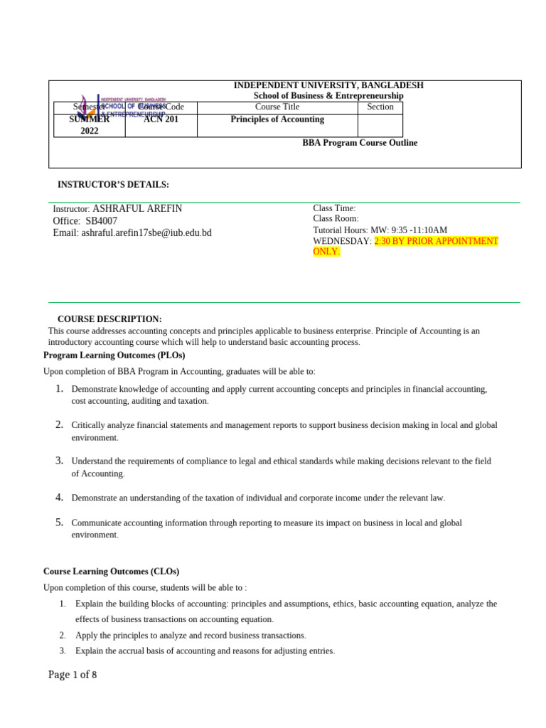 Principles of Accounting Course Outline | PDF | Accounting